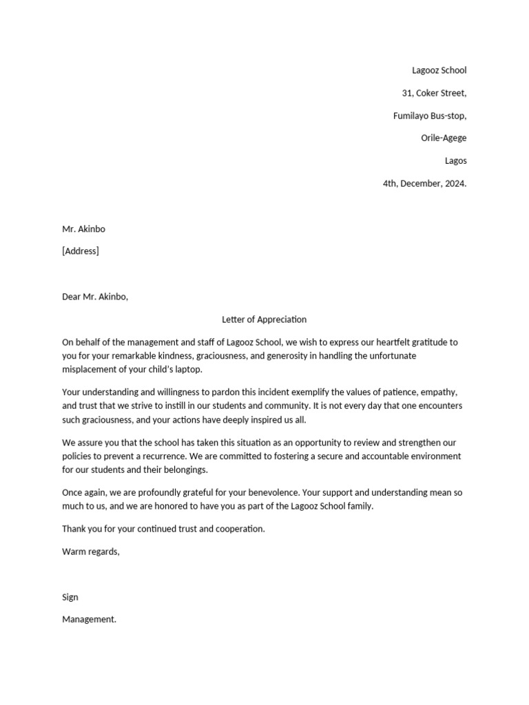 Appreciation Letter to Mr. Akinbo | PDF