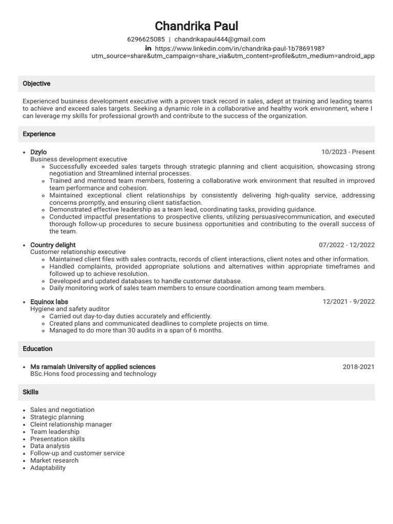 Chandrika Paul - BDE - Resume | PDF | Leadership | Sales