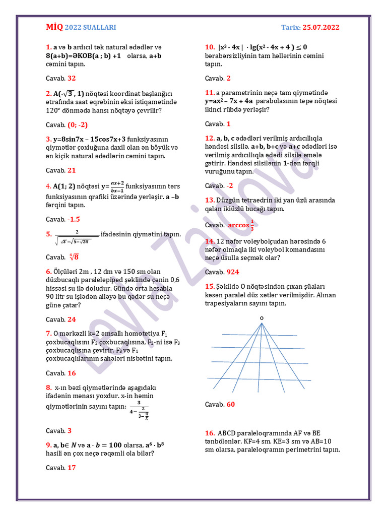 MİQ 2022 RİYAZİYYAT (1) | PDF