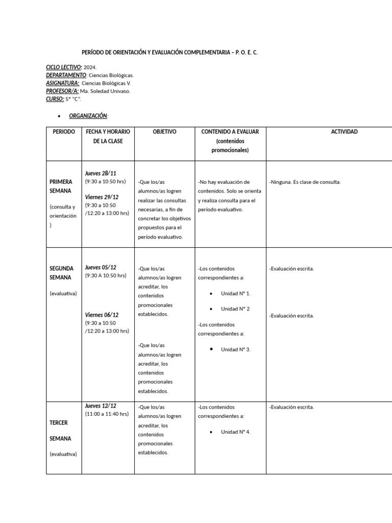 Planilla de POEC-5ºC(2024)[1] | PDF | Mitosis | Biología Celular)