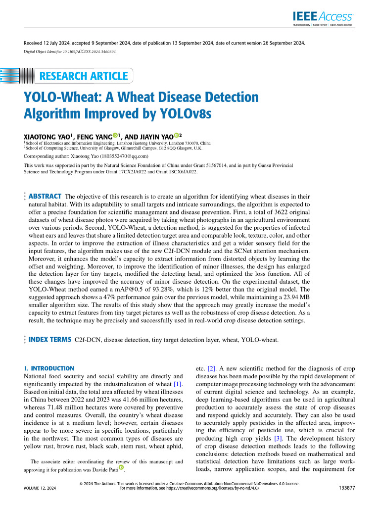 YOLO-Wheat A Wheat Disease Detection Algorithm Improved by YOLOv8s | PDF | Applied Mathematics