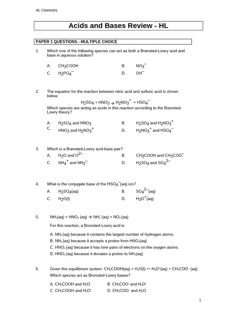 HL Chemistry Acids and Bases MCQs | PDF | Acid | Chemical Compounds