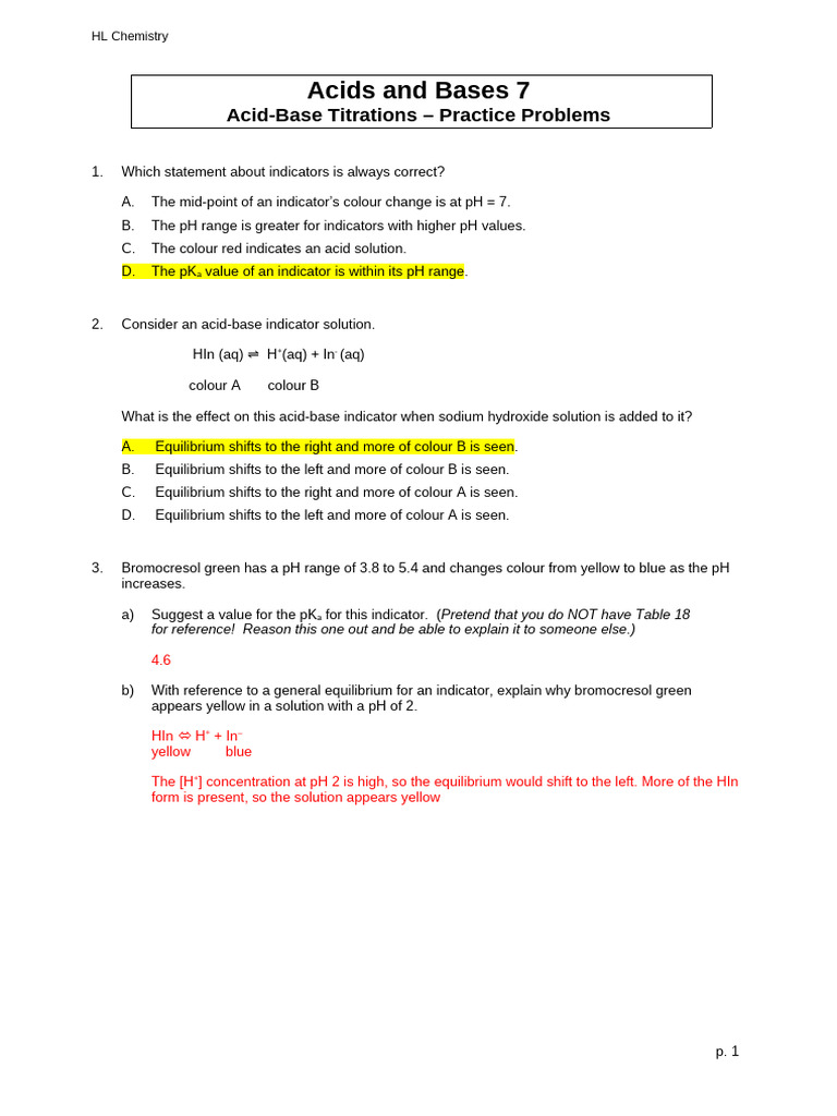 AcidBase7 TitrationsPracticeProblems (2025) SOLUTIONS | PDF | Ph ...