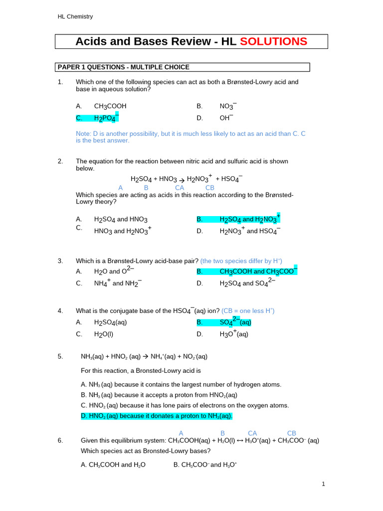 Acids and Bases HL Review (2025) SOLUTIONS | PDF | Acid | Ph