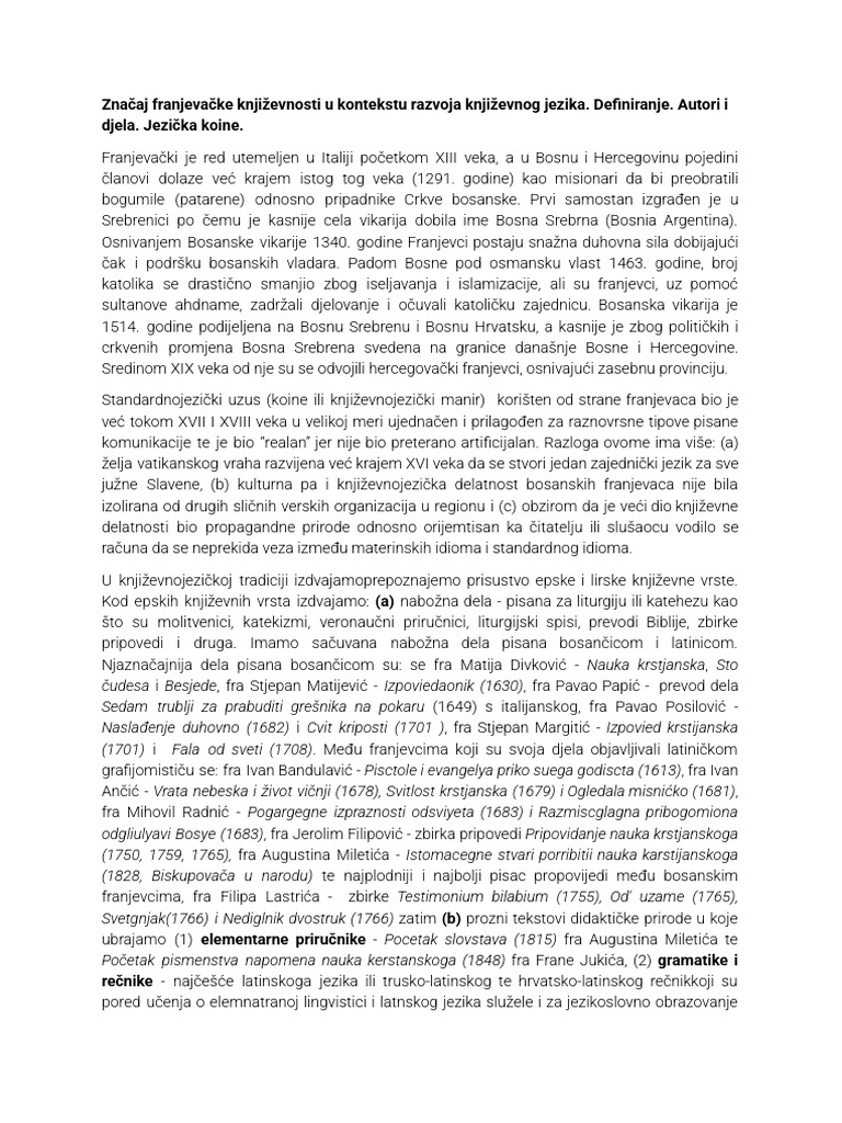 Značaj Franjevačke Književnosti U Kontekstu Razvoja Književnog Jezika. Definiranje. Autori I ...