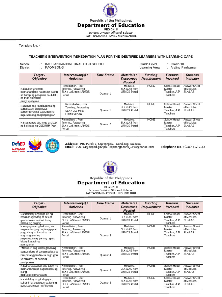 Dda Template 4 Ap 10 Kapitangan NHS | PDF | Teaching | Learning