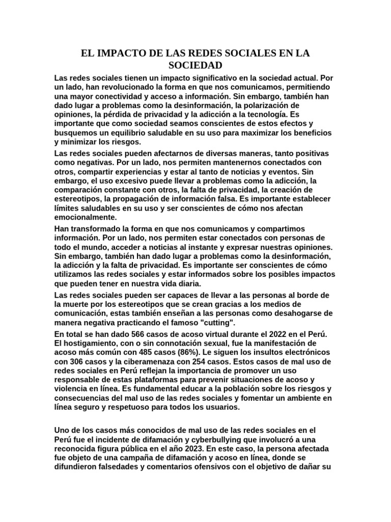 El Impacto de Las Redes Sociales en La Sociedad | PDF | Acoso ...