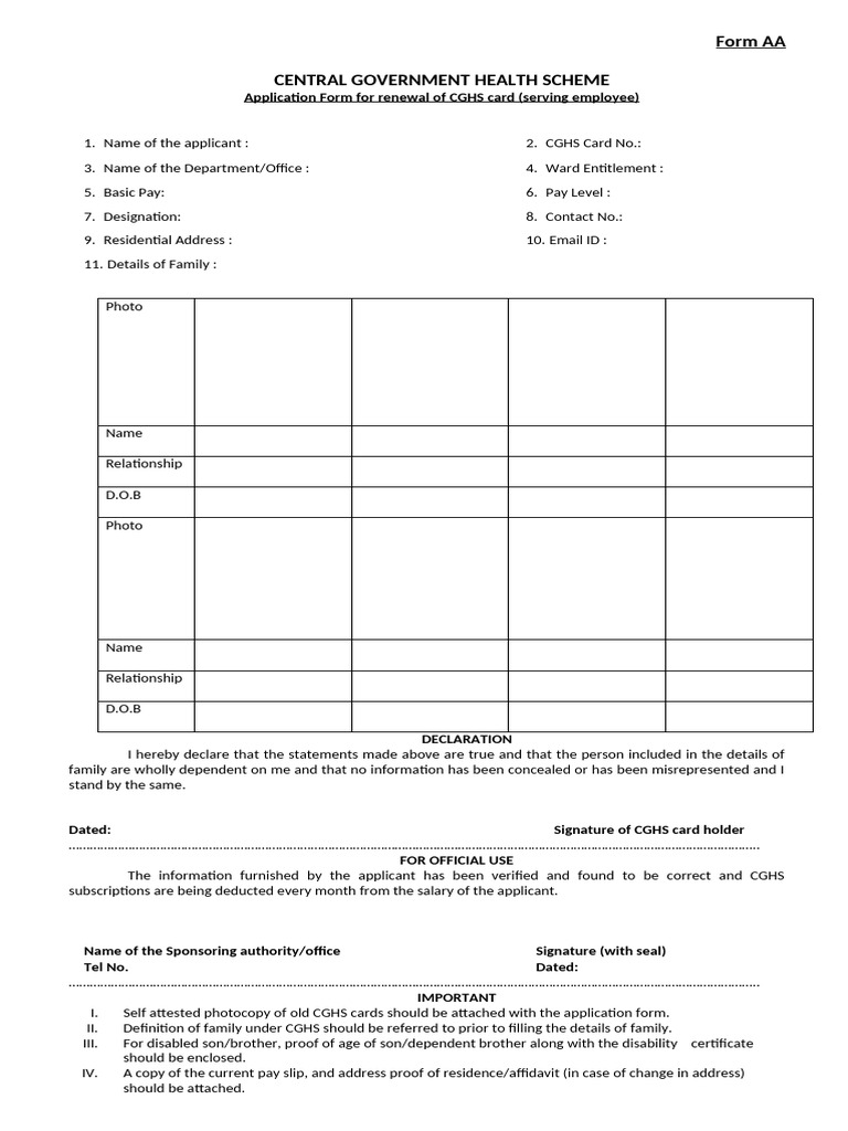 CGHS Card Renewal Form 062138069e49427 73946143 | PDF