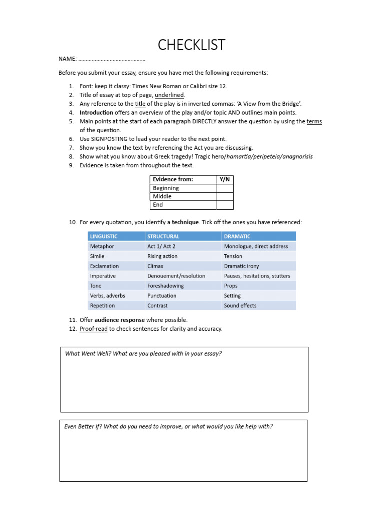 Checklist For Essay 1 | PDF