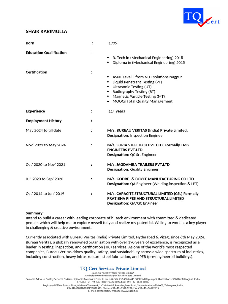 TQ Cert Shaik Karimulla 04 Feb' 2025 | PDF | Mechanical Engineering