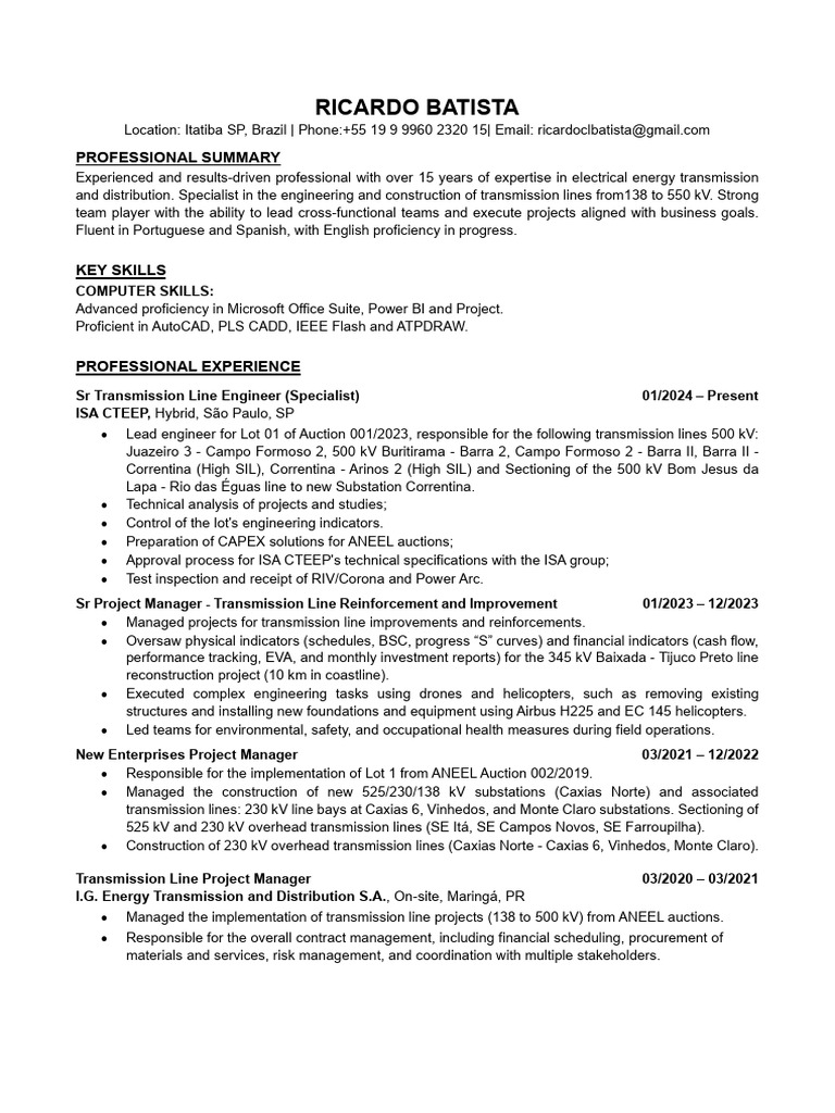 Resume Ricardo Batista - in English | PDF | Electric Power Transmission ...