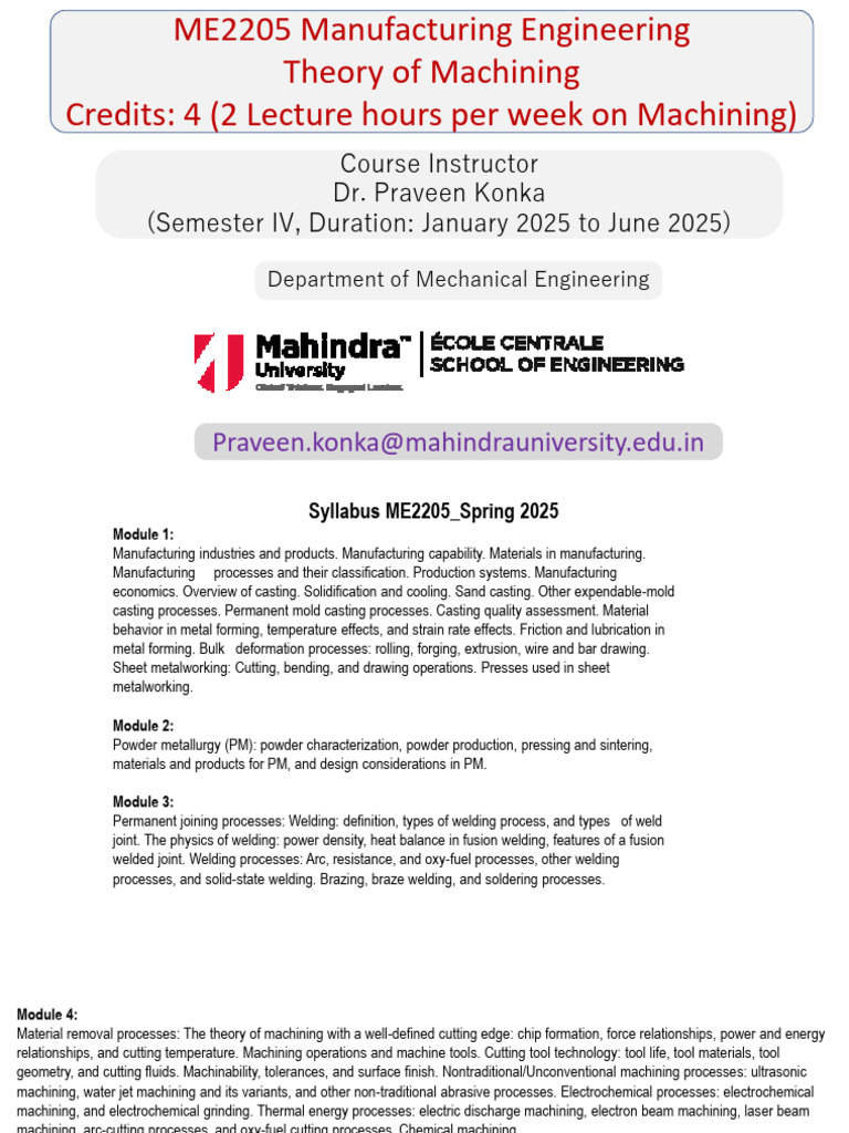 ME2205 - Machining Related Course Syllabus and Other Details | PDF ...