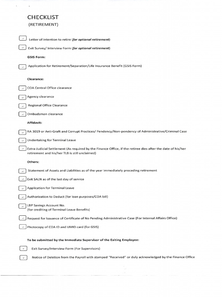 Checklist of Requirements For Retirement | PDF