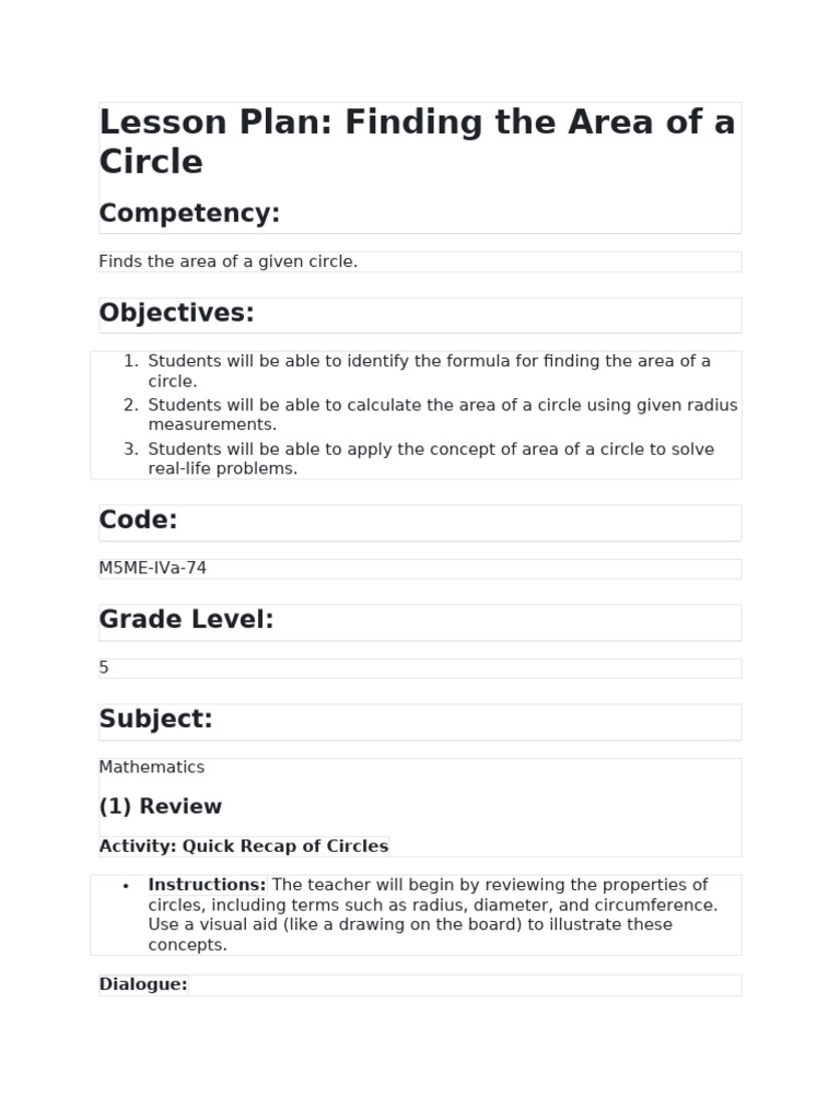 Lesson Plan | PDF | Area | Circle