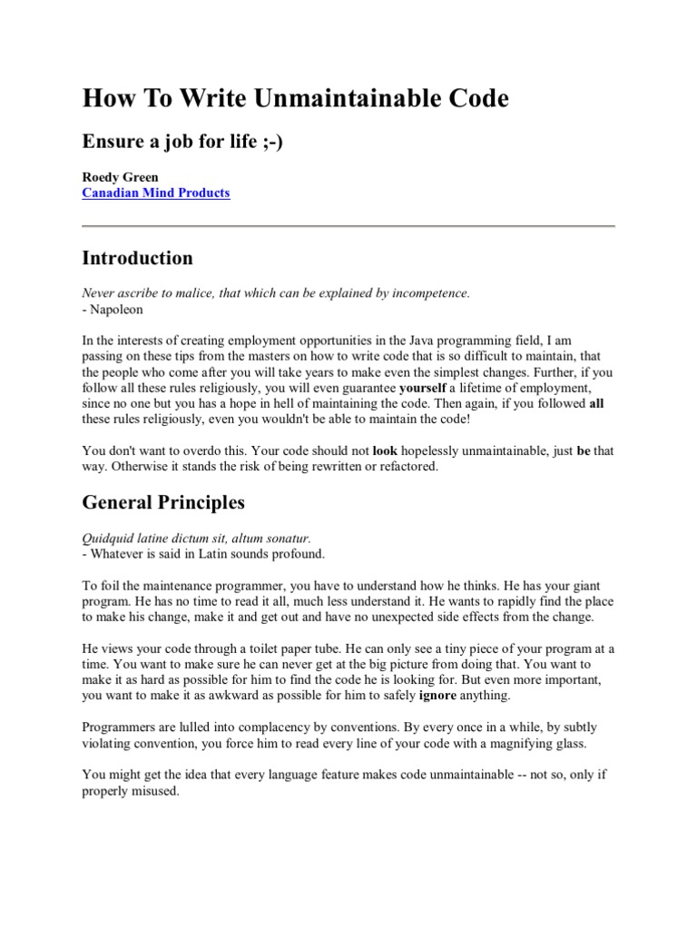 How To Write Unmaintainable Code Pdf Class Computer Programming Parameter Computer 5068