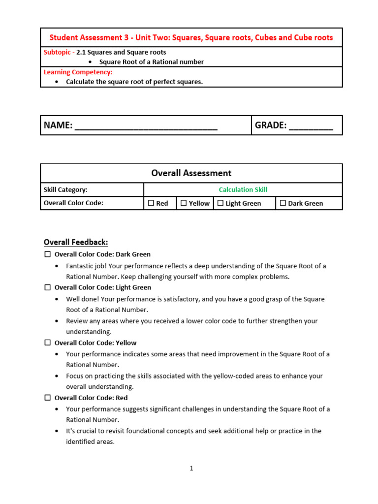 Grade 8 Unit 2 Mathematics Assessment 3 | PDF | Square Root | Color