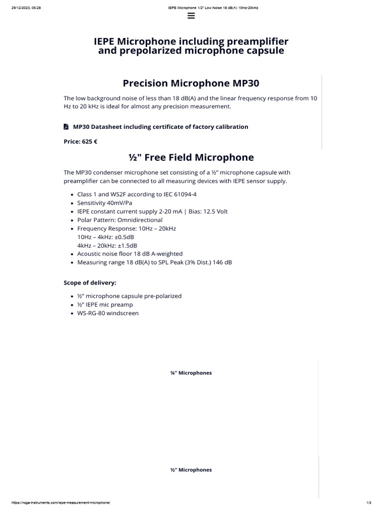 IEPE Microphone 1 - 2 Low Noise 18 DB (A) 10Hz-20kHz | PDF | Microphone ...