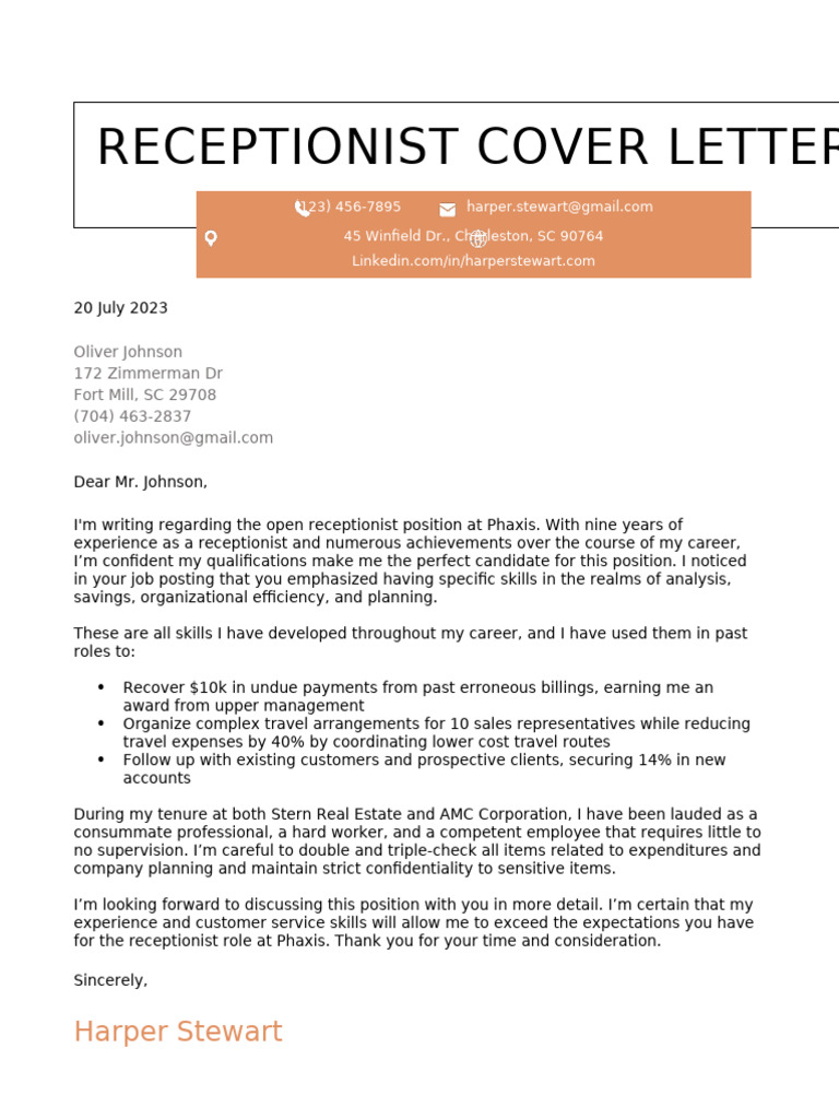 Receptionist Cover Letter Example | PDF | Résumé | Economies