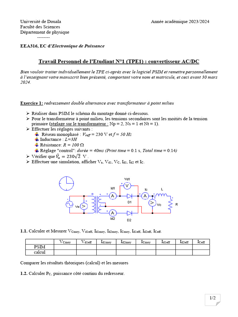 TPE1 : Convertisseur AC/DC avec PSIM | PDF | Redresseur | Puissance ...