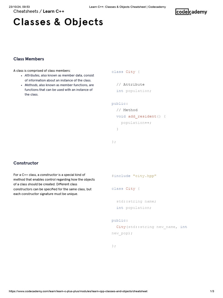 Learn C++_ Classes & Objects Cheatsheet _ Codecademy | PDF | Class ... Learn C++_ Classes & Objects Cheatsheet _ Codecademy | PDF | Class ...