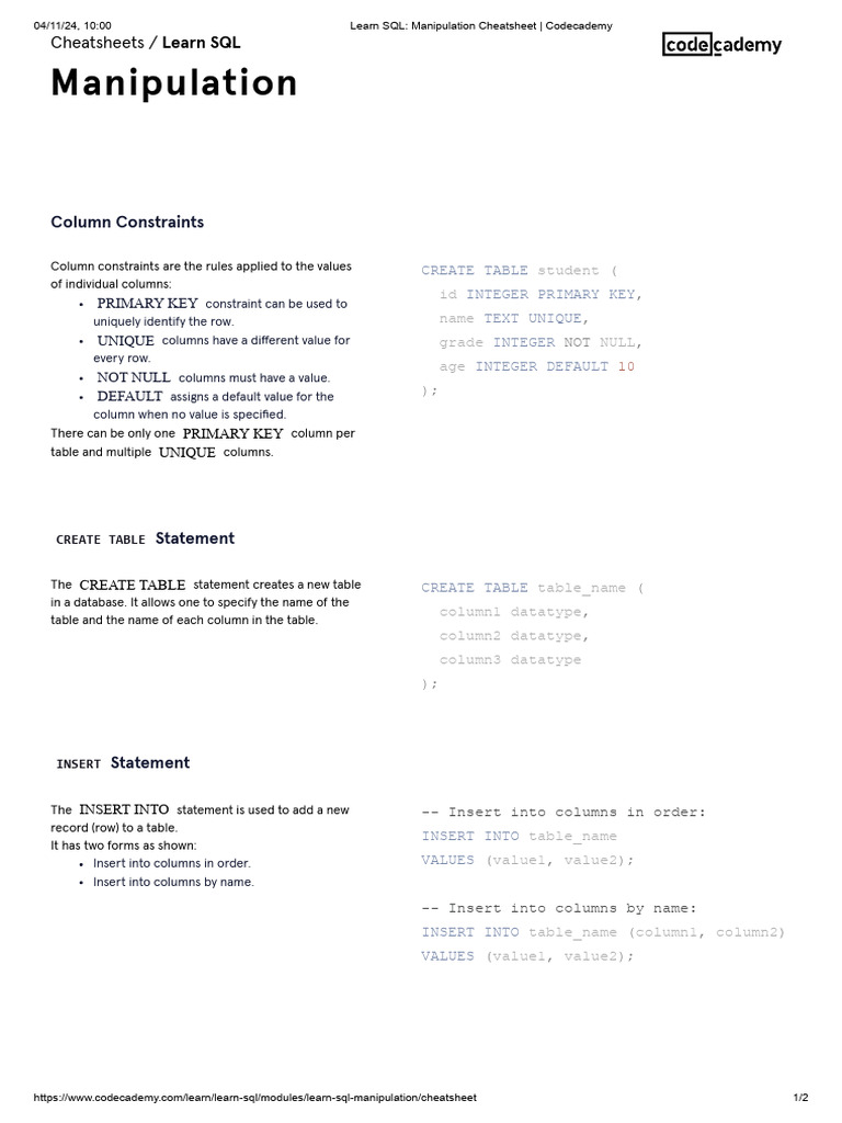 Learn SQL - Manipulation Cheatsheet - Codecademy | PDF | Table (Database) | Data Management