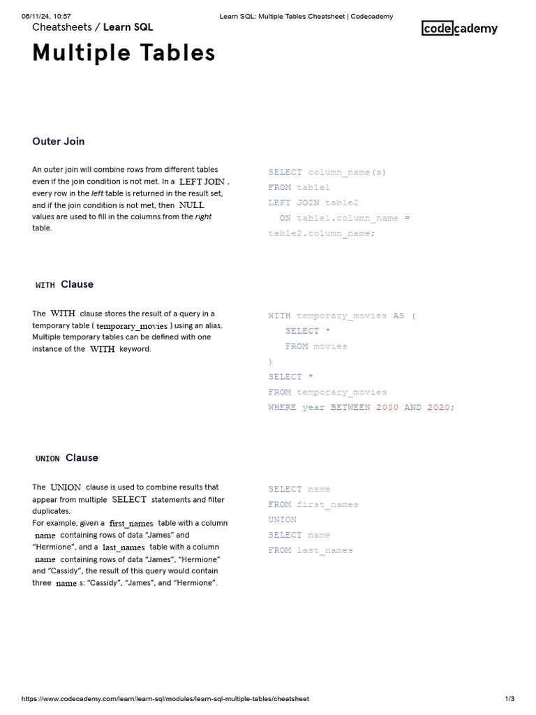 Learn SQL - Multiple Tables Cheatsheet - Codecademy | PDF | Table (Database) | Data Model