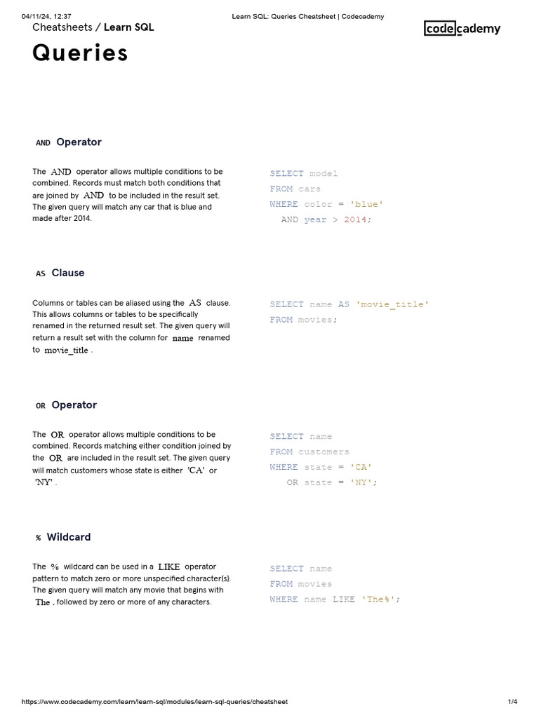 Learn SQL - Queries Cheatsheet - Codecademy | PDF | Computing | Data Management