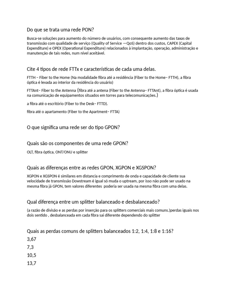 Redes PON: Estruturas e Tipos FTTx | PDF | Tecnologia da Informação e ...