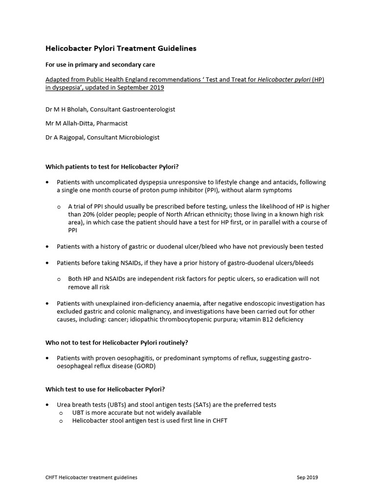 Helicobacter_pylori_Treatment_Regimens_MHB_sep2019 | PDF | Indigestion | Gastroesophageal Reflux ...