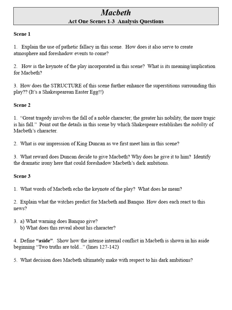 Macbeth Act One Scenes 1-3 Analysis Questions | PDF