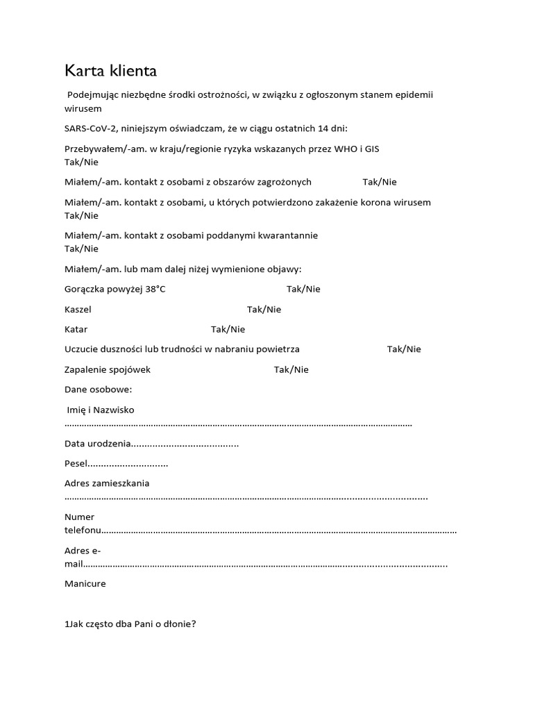 Bukowska Gabriela Karty Klienta Manicure Pedicure Trychologia 2 | PDF