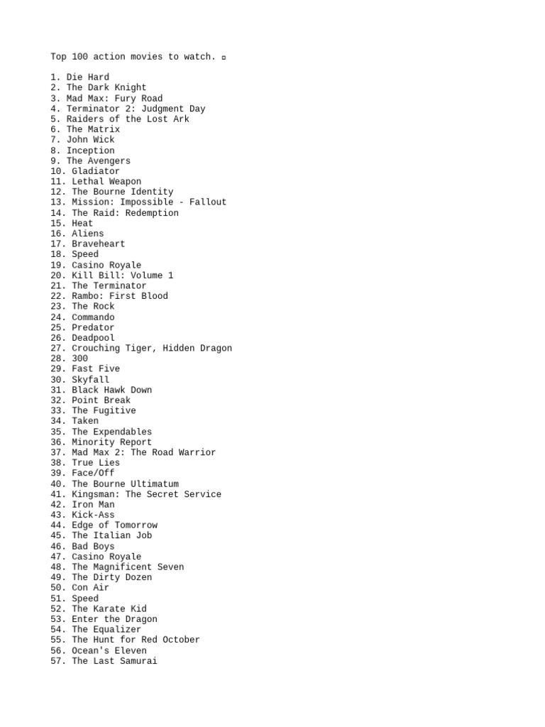 Top 100 Action Movies To Watch | PDF