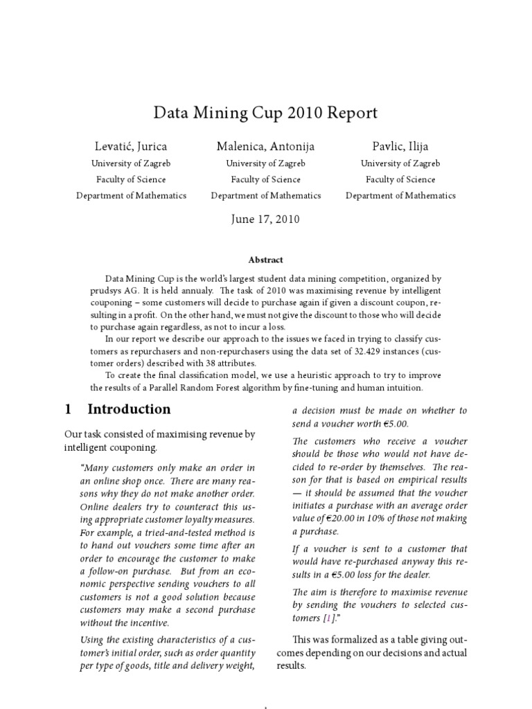 Data Mining Cup 2010 Report | PDF | Randomness | Algorithms