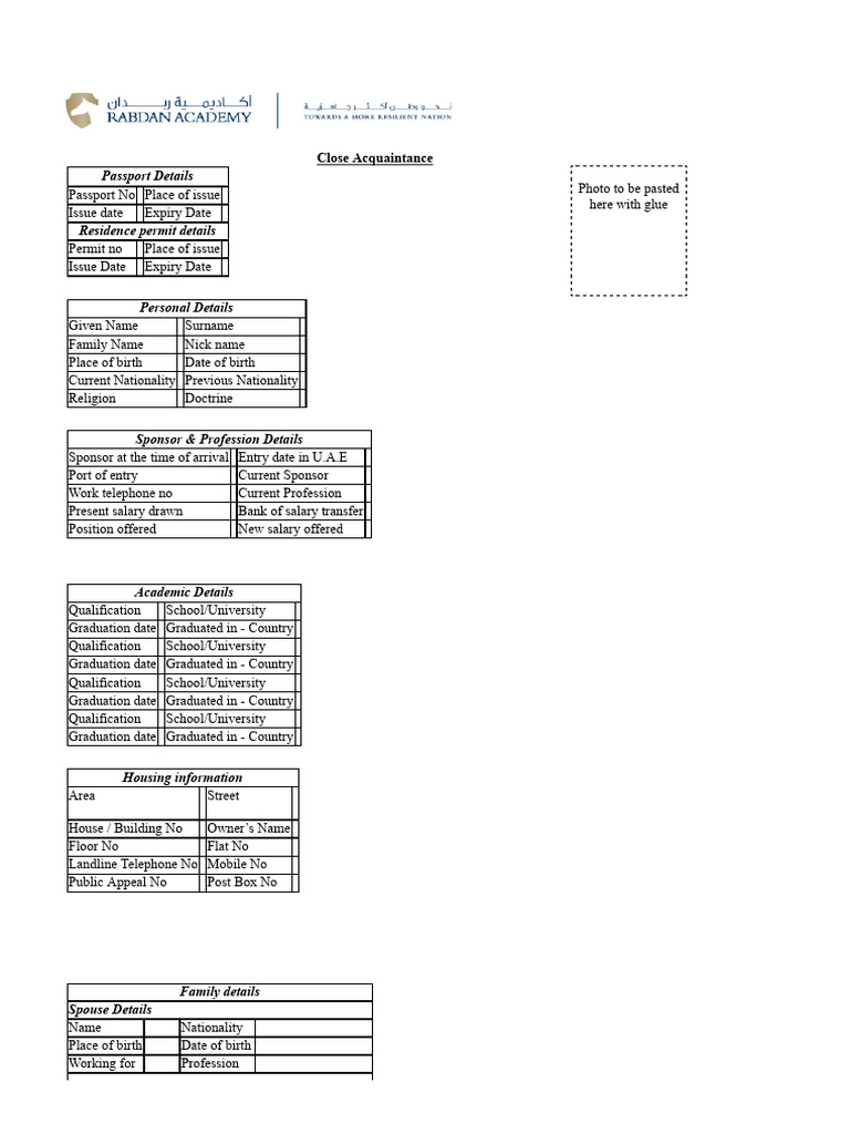 Close Acquaintance Form - Rabdan Academy | PDF | Government And Personhood | International Law