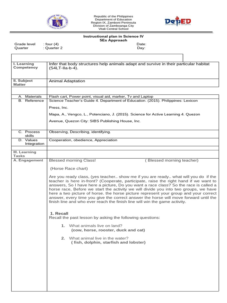 Science IV Instructional Plan: Animal Adaptation | PDF | Elephant | Fin