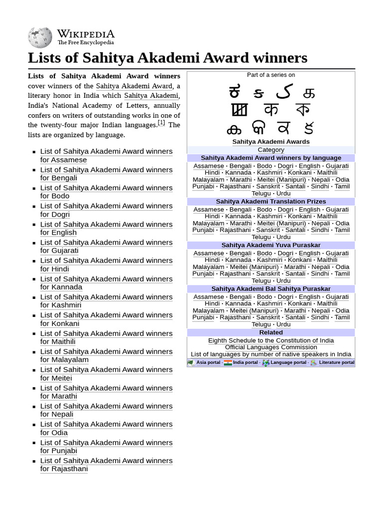 Lists of Sahitya Akademi Award Winners | PDF | South Asia | Languages ...