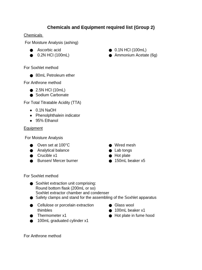 Chemicals and Equipment Required List Group 2 - Week2 | PDF