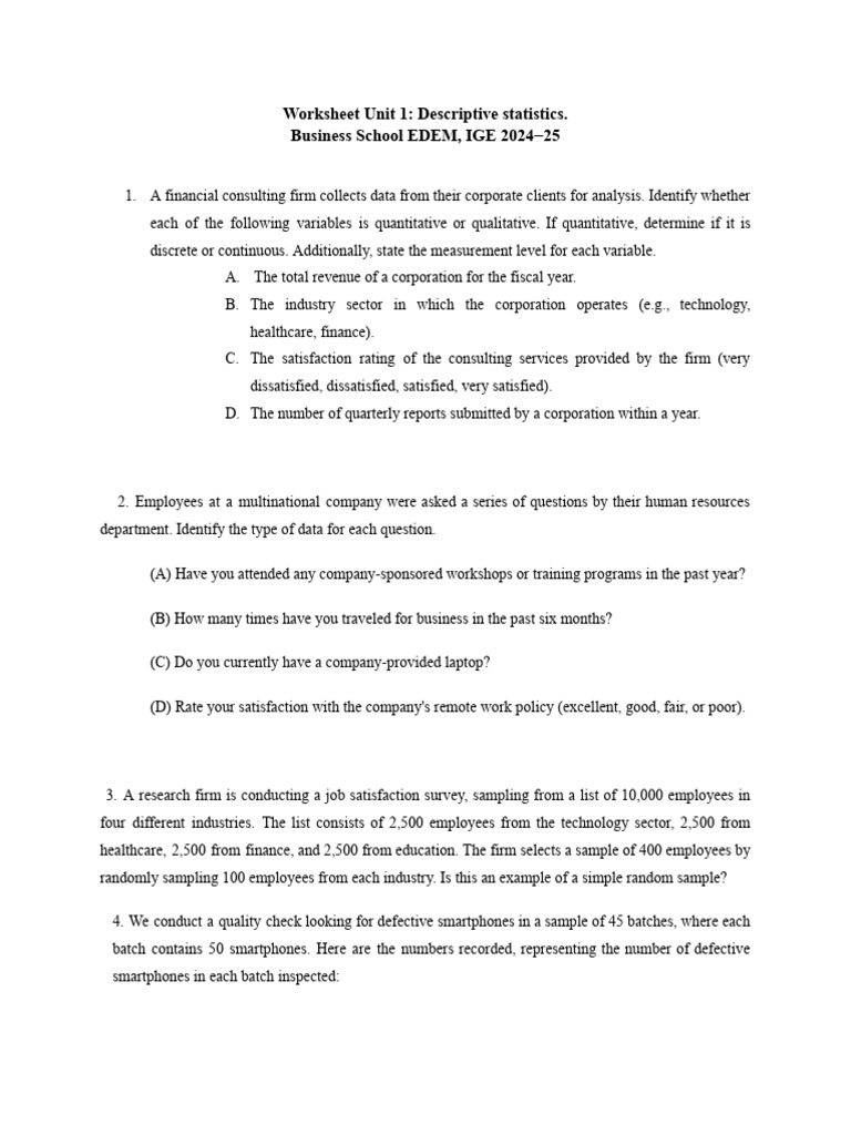 Excercise Unit 1_ Descriptive statistics | PDF | Sampling (Statistics) | Statistics