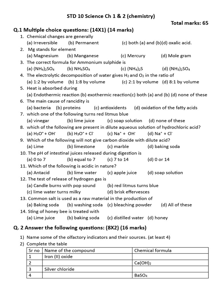 STD 10 Chemistry: Chapter 1 & 2 Questions | PDF | Sodium Carbonate ...
