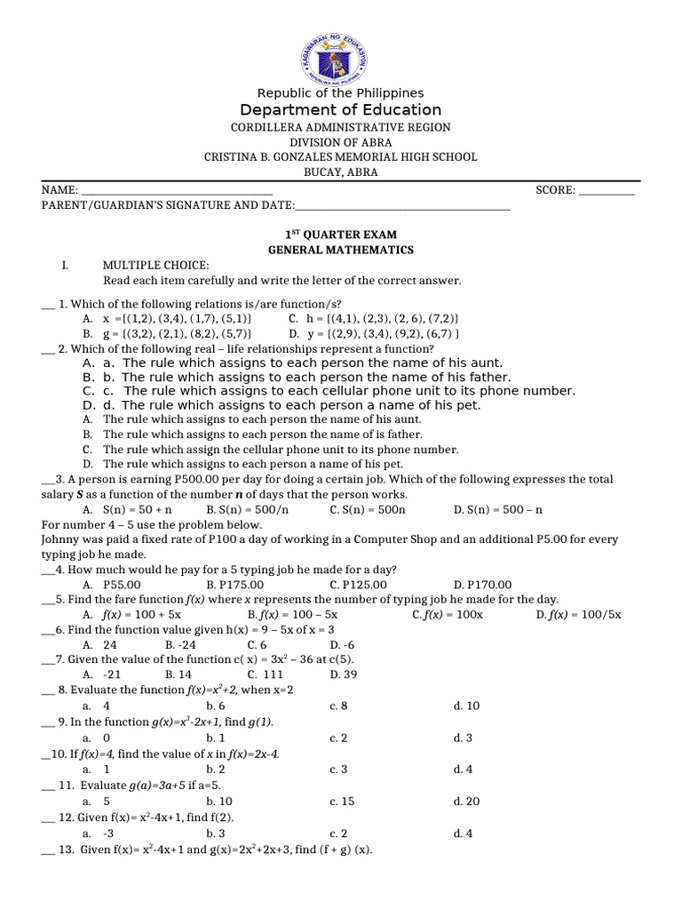 1st Quarter Exam (Gen Math) | PDF | Asymptote | Mathematical Analysis