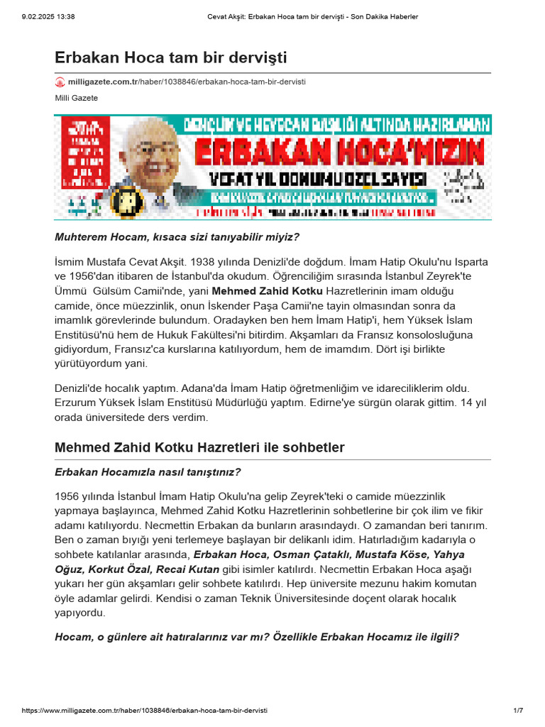 Cevat Akşit - Erbakan Hoca Tam Bir Dervişti - Son Dakika Haberler | PDF