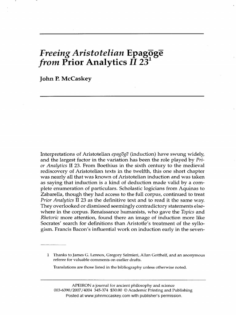 Freeing Aristotelian Epagoge From APr II23 | PDF | Inductive Reasoning ...