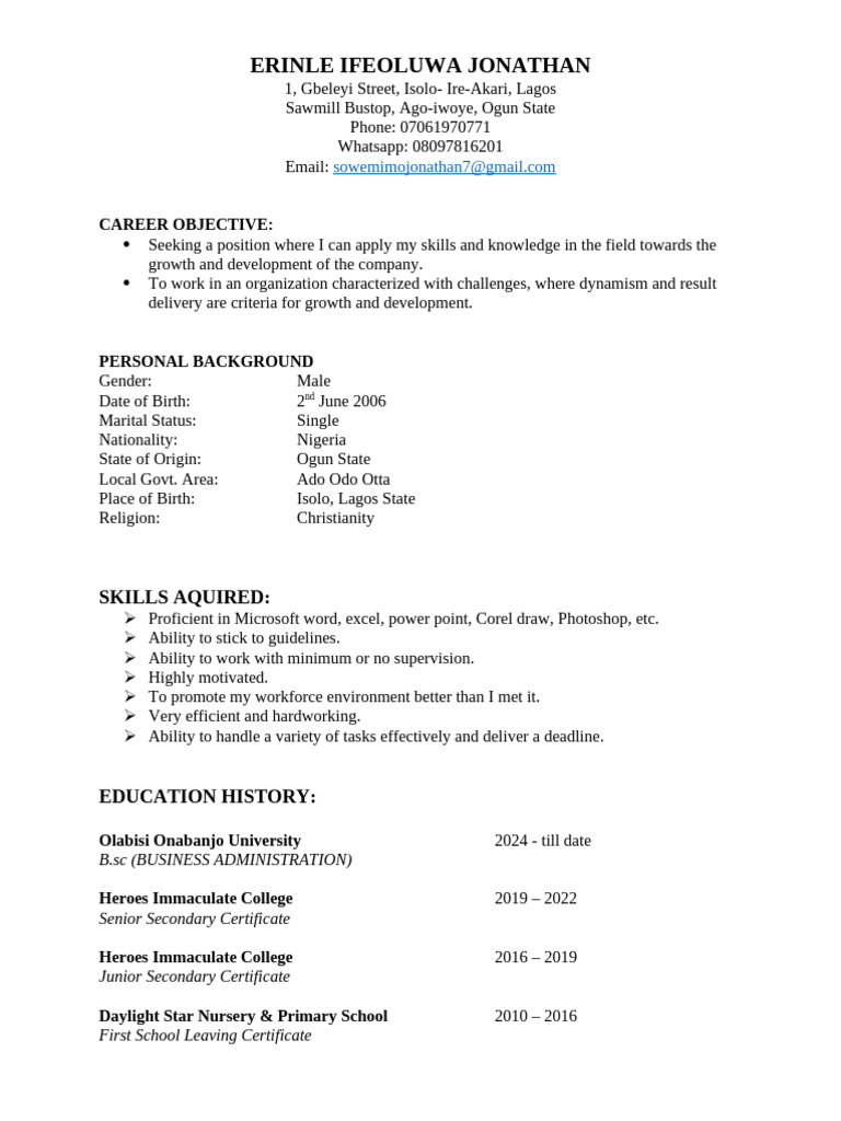 ERINLE IFEOLUWA JONATHAN CV | PDF