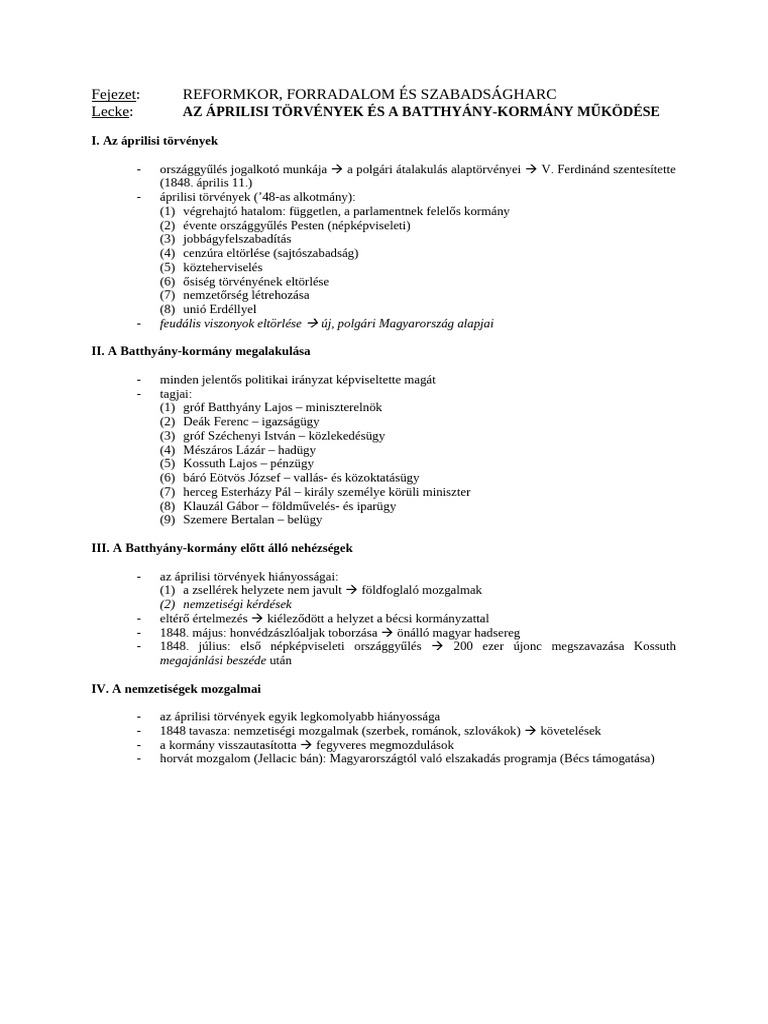 Az Aprilisi Torvenyek Es A Batthyany-Kormany Mukodese.144940 | PDF
