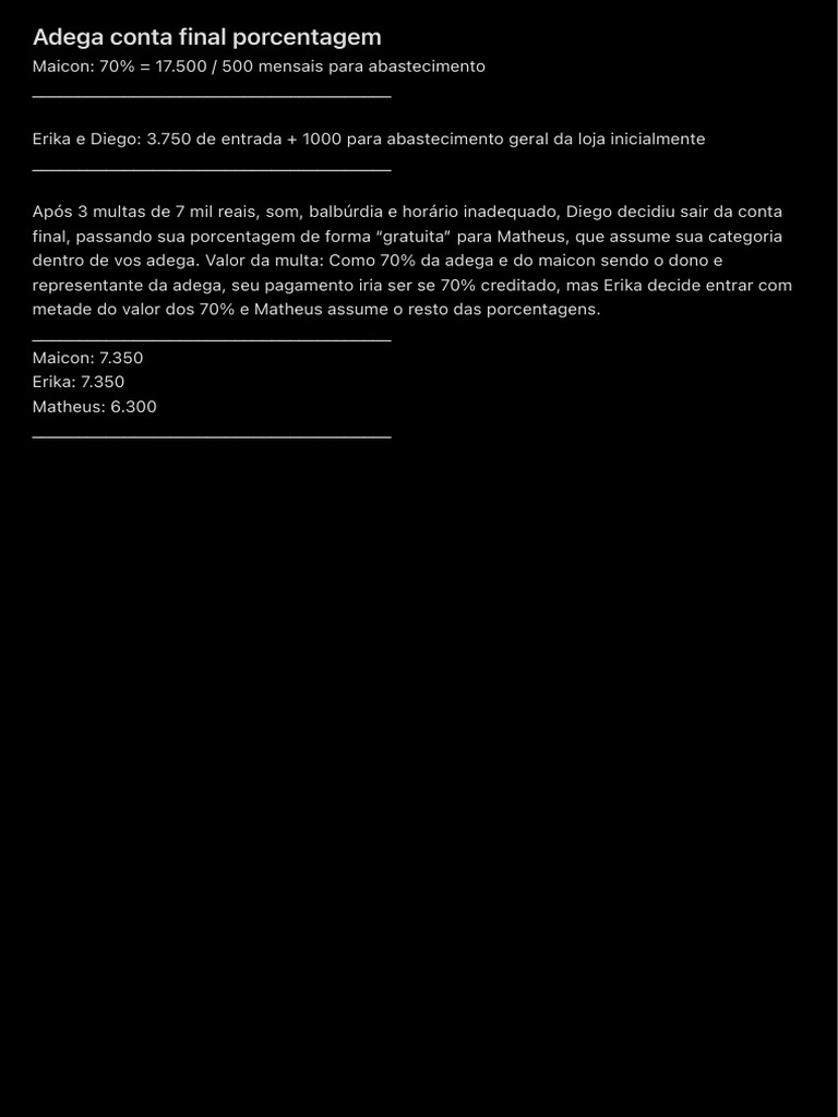 Adega Conta Final Porcentagem | PDF