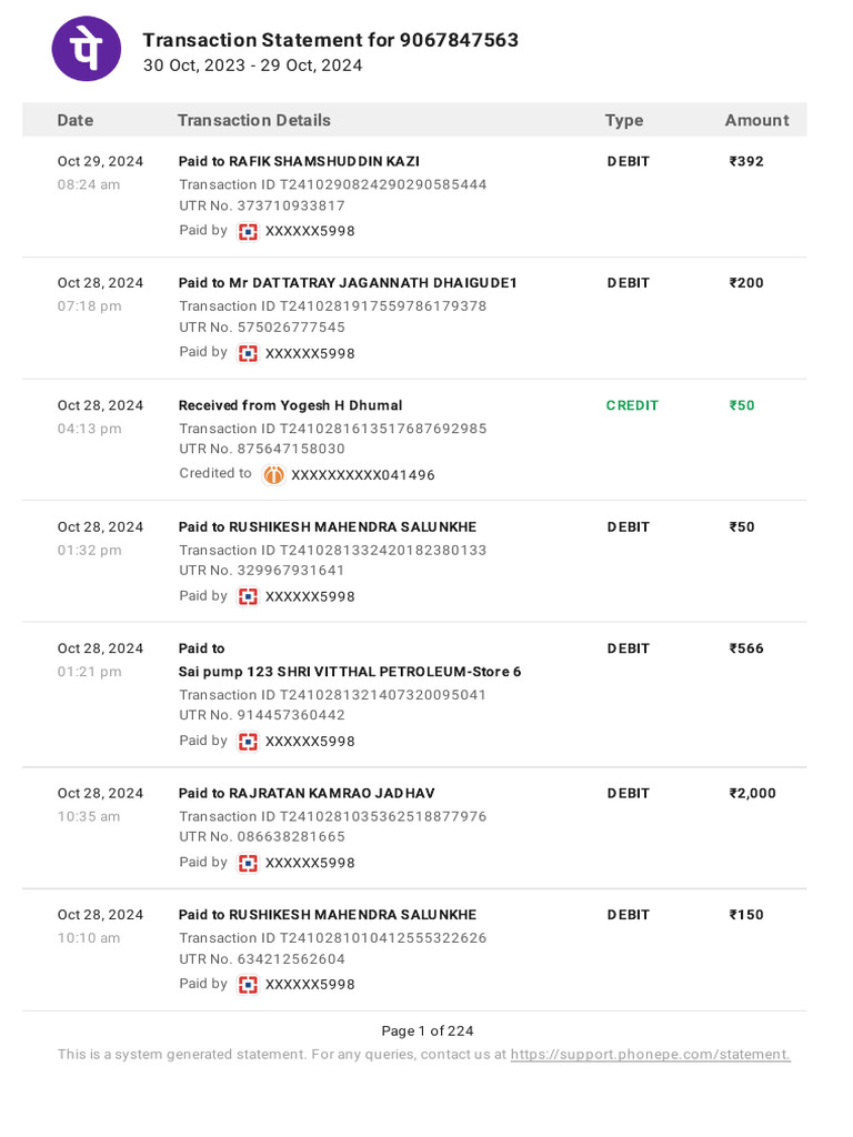 PhonePe Statement Oct2023 Oct2024 | PDF | Debit Card | Debits And Credits