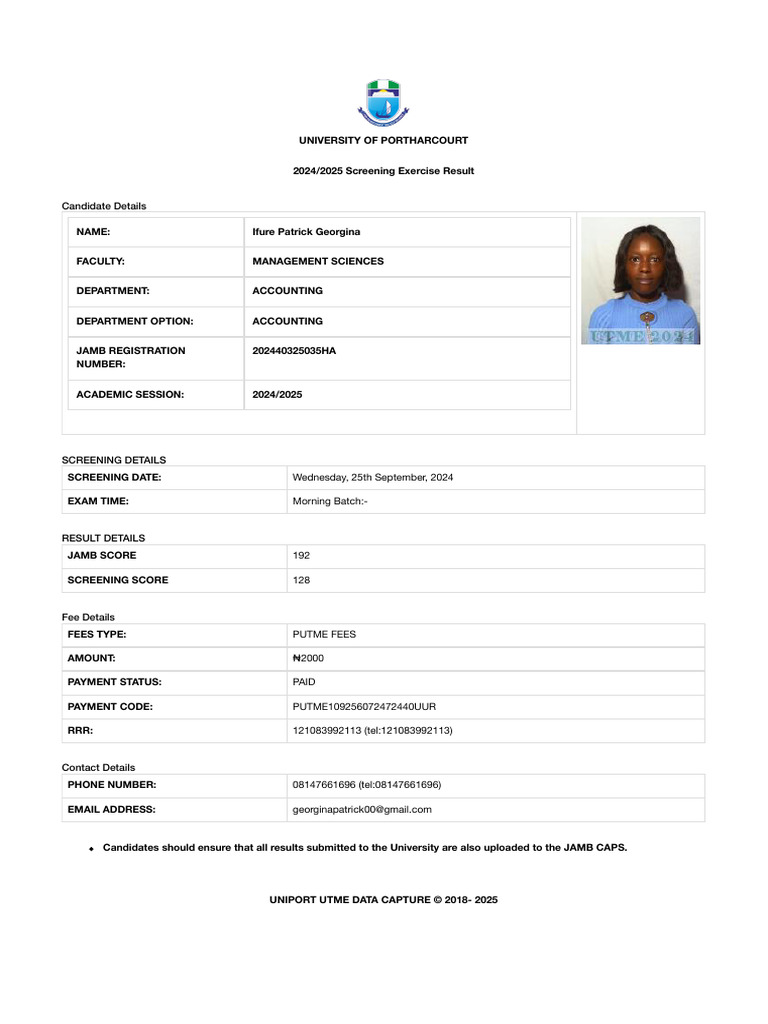 Uniport Data Capture Portal | PDF