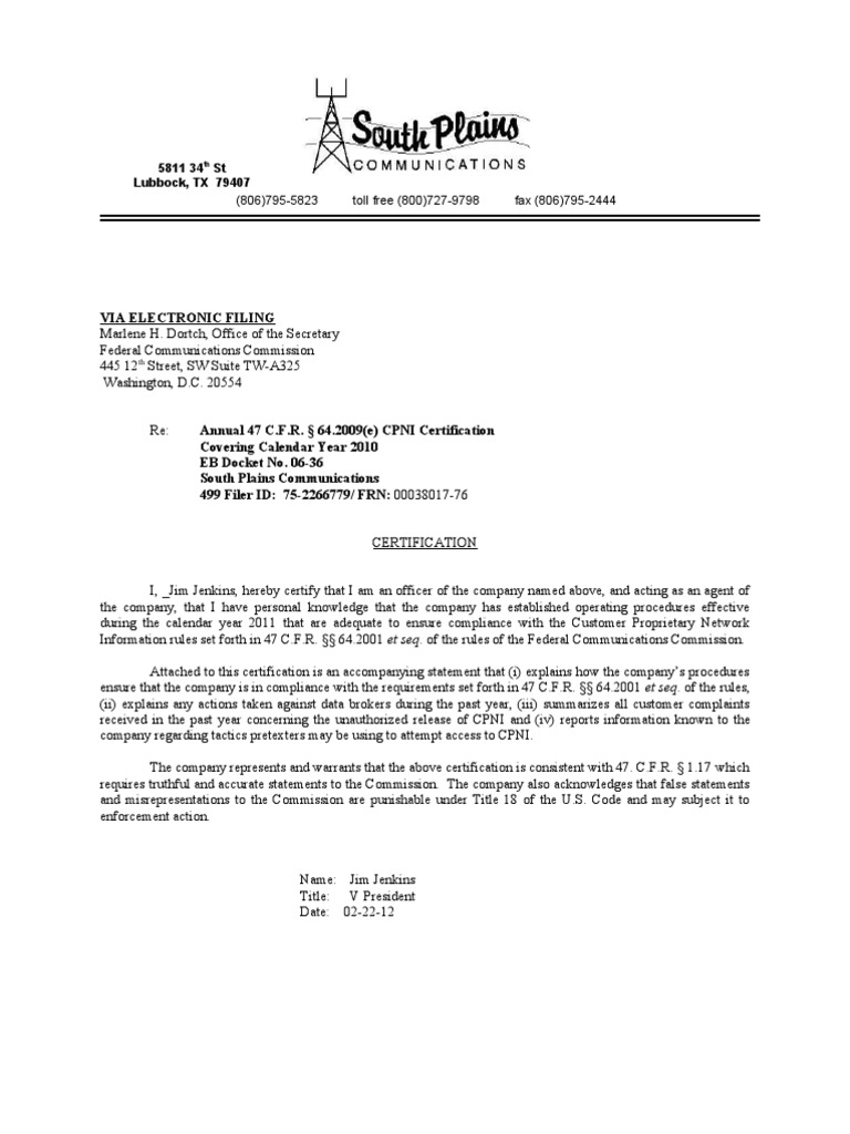 CPNI09certification Letter | PDF | Federal Communications Commission ...