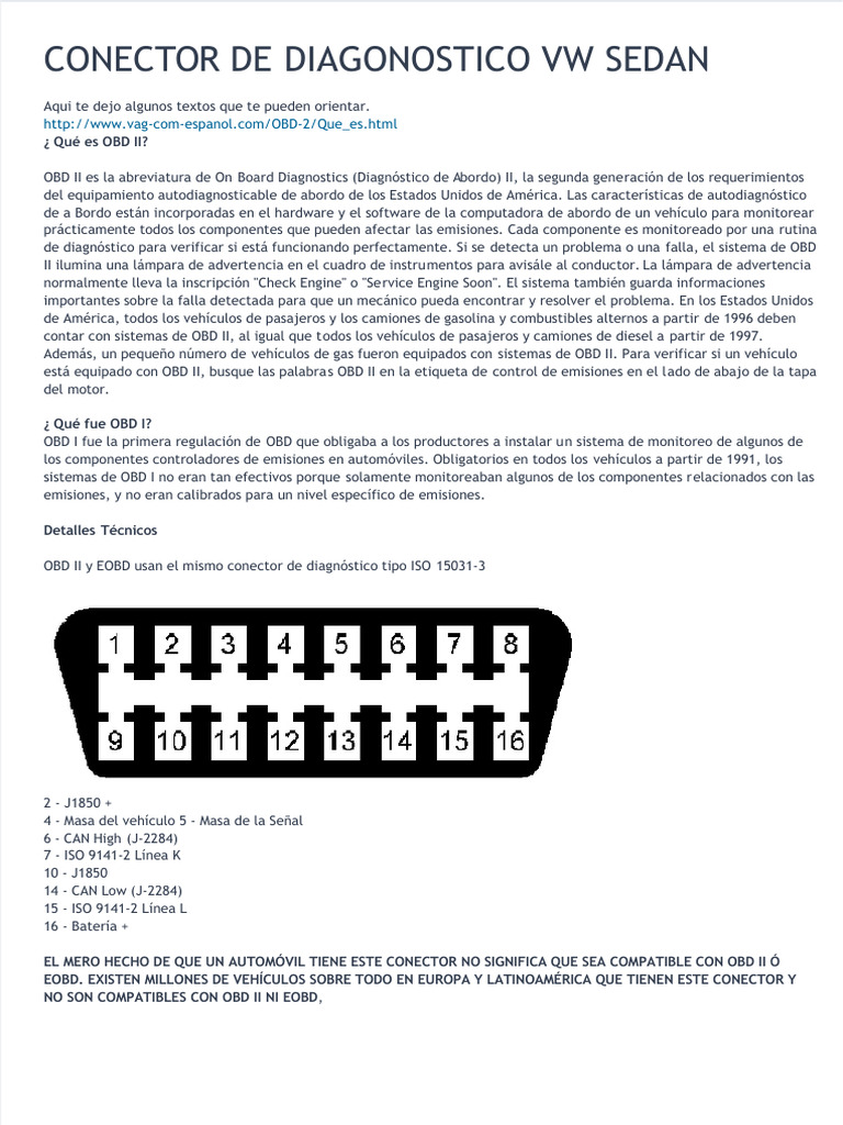 Conector Diagnóstico OBD II VW Sedán | PDF | Vehículos | Tecnologías automotrices