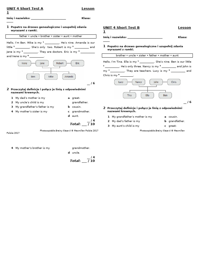 Brainy kl4 Short Tests Unit 4 Lesson 1 | PDF